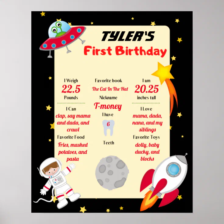 Space Party 1st Birthday Milestone Poster | Zazzle