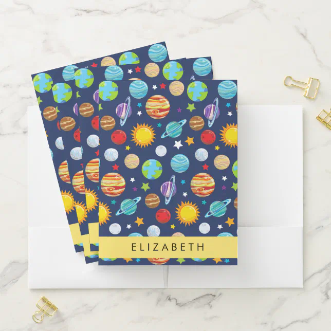 Space Pattern, Planets, Stars, Cosmos, Your Name Pocket Folder | Zazzle