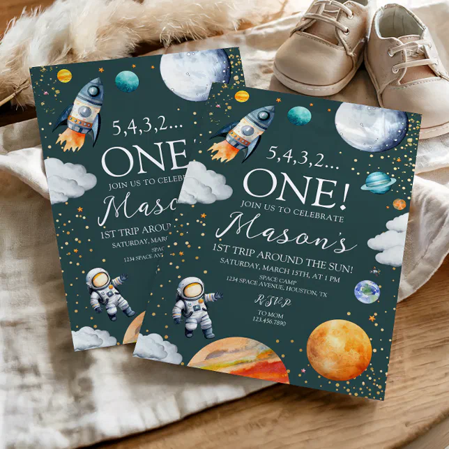 Space Rocket 1st Trip Around the Sun Birthday Invitation | Zazzle