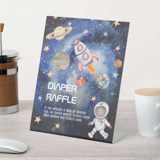 Space Rocket Planets Baby Shower Diaper Raffle Pedestal Sign | Zazzle