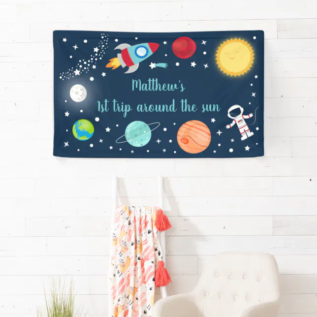 Space Rocket Ship Astronaut Planets Birthday Banner | Zazzle