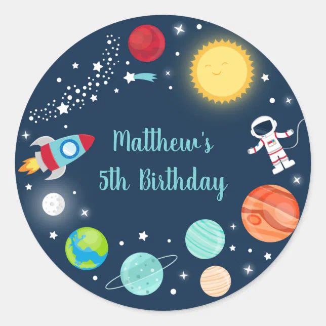 Space Rocket Ship Astronaut Planets Birthday Classic Round Sticker | Zazzle