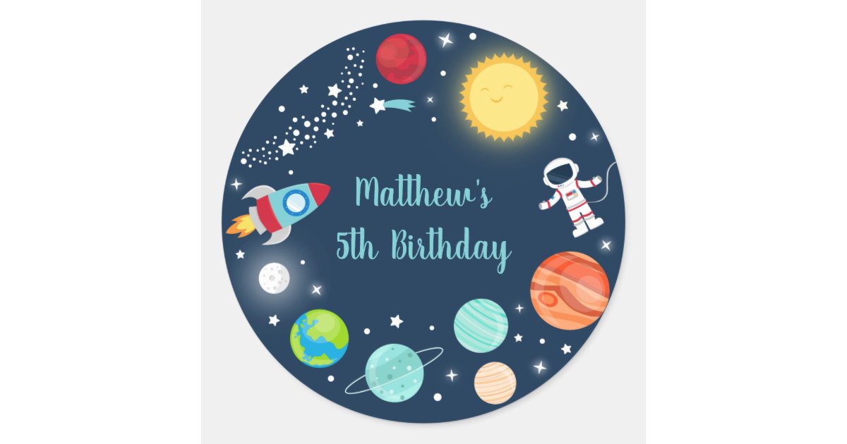 Space Rocket Ship Astronaut Planets Birthday Classic Round Sticker | Zazzle
