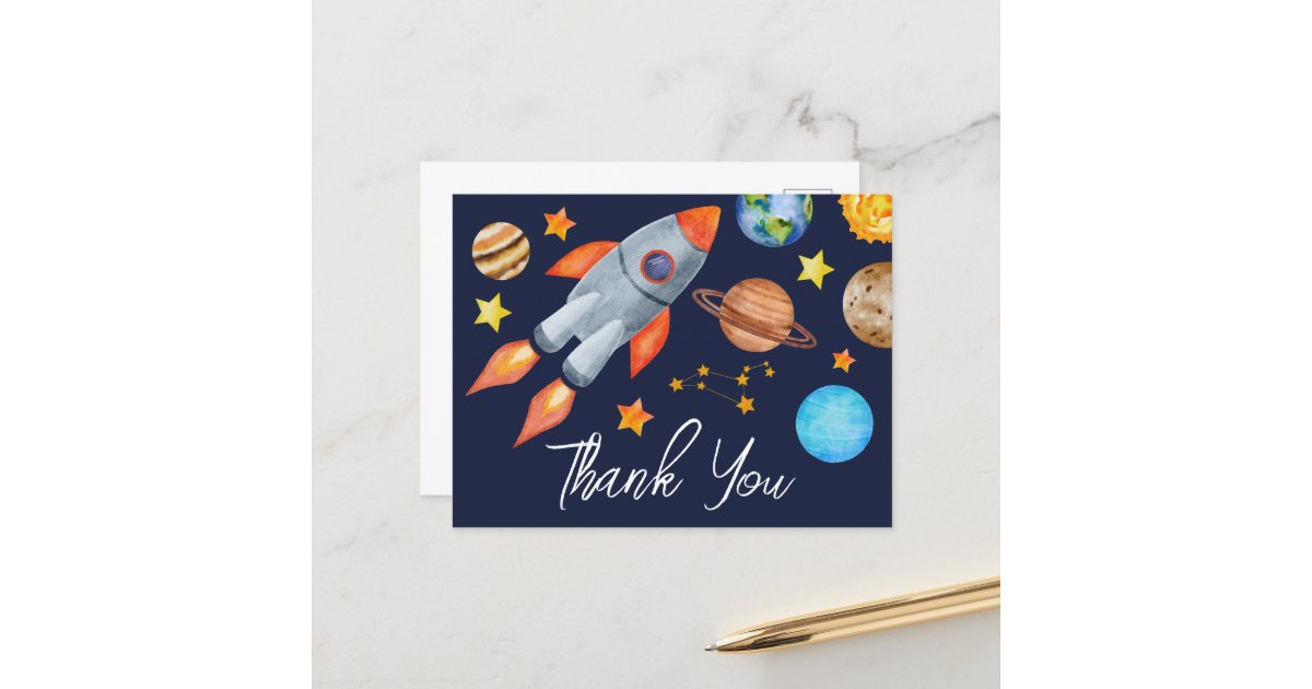 Space Rocket Ship Birthday Thank You Postcard | Zazzle