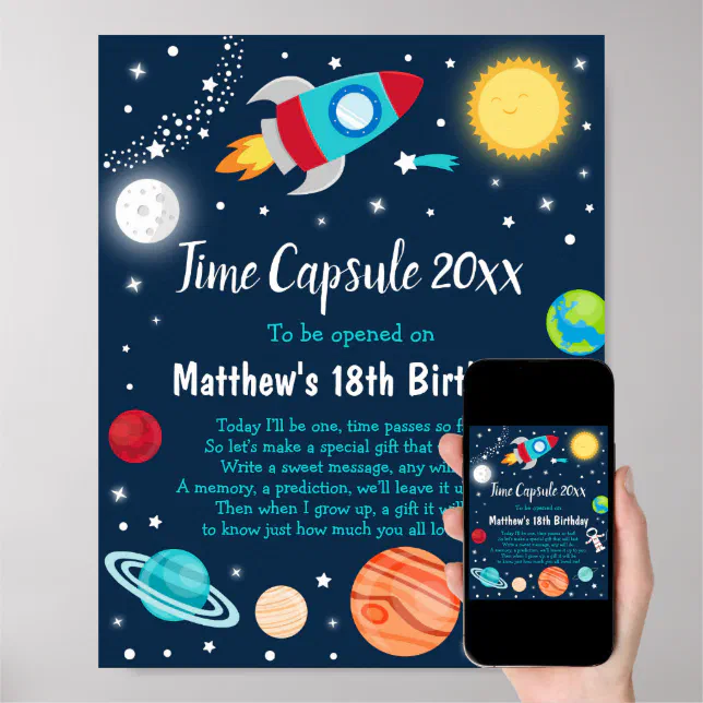 Space Rocket Ship Planet Time Capsule 1st Birthday Poster | Zazzle