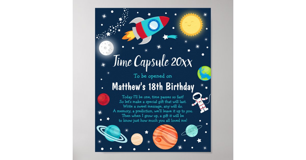 Space Rocket Ship Planet Time Capsule 1st Birthday Poster | Zazzle