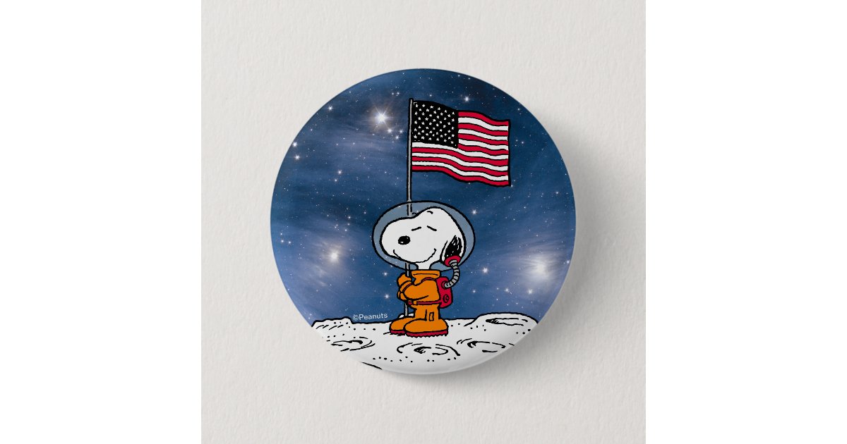 SPACE | Snoopy With Flag Astronaut Button | Zazzle
