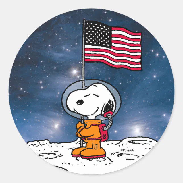 SPACE | Snoopy With Flag Astronaut Classic Round Sticker | Zazzle
