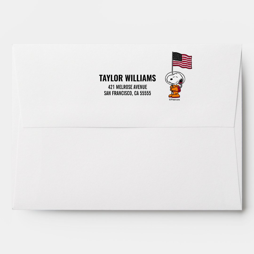 SPACE | Snoopy With Flag Astronaut Envelope | Zazzle