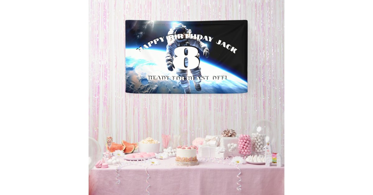 Space suit astronaut birthday blast off custom banner | Zazzle