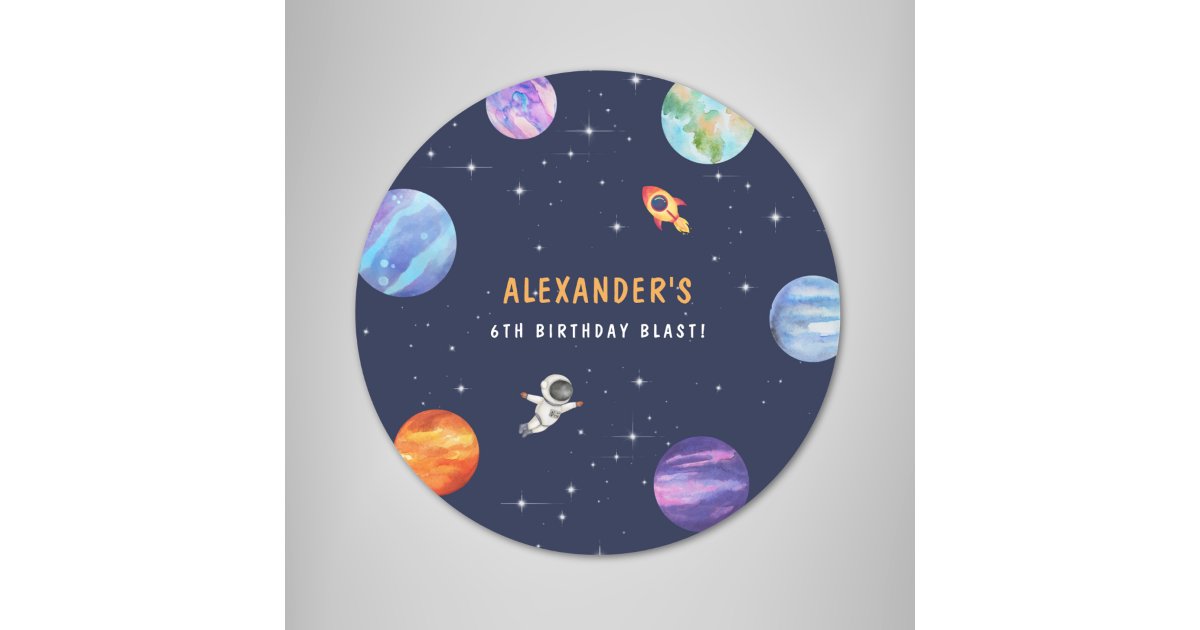 Space Themed Cute Birthday Party Watercolor Classic Round Sticker | Zazzle