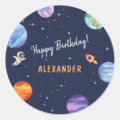 Space Themed Happy Birthday Watercolor Classic Round Sticker | Zazzle