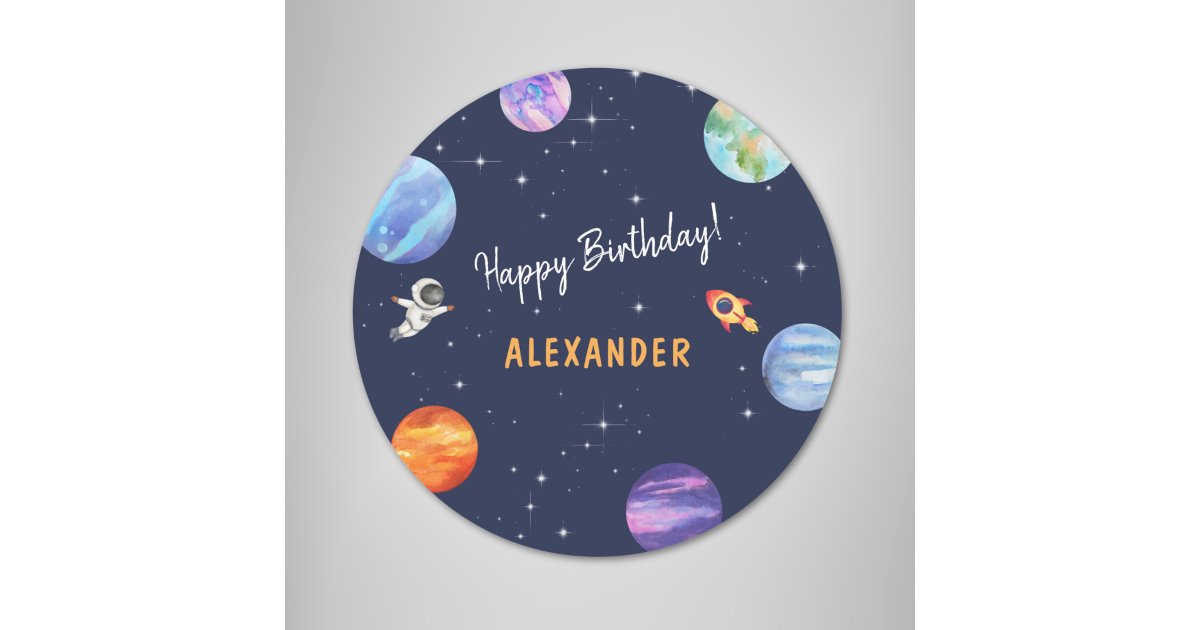 Space Themed Happy Birthday Watercolor Classic Round Sticker | Zazzle