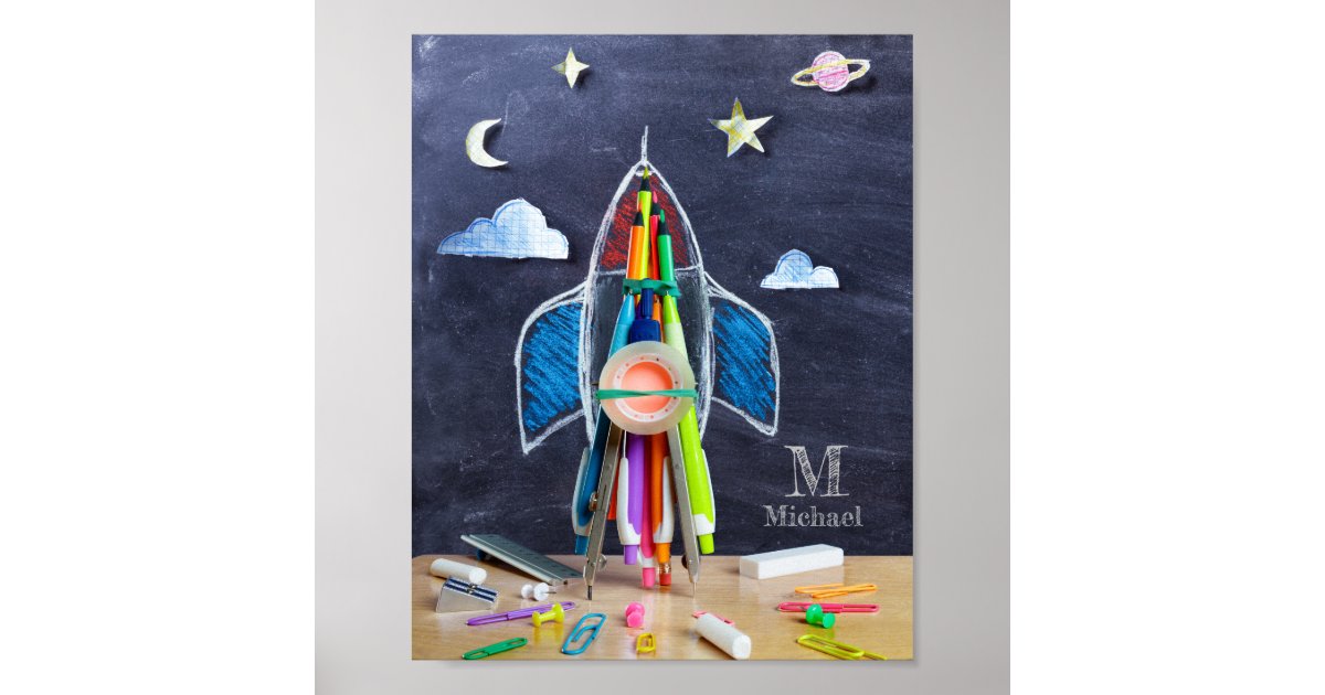 Space Themed Rocket Ship ~ Custom Monogram Kids Poster | Zazzle
