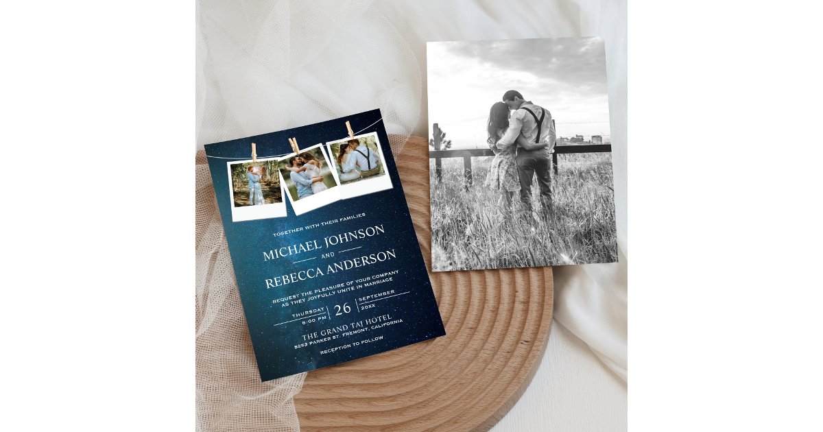 Space Universe Blue Galaxy Photo Collage Wedding Invitation | Zazzle