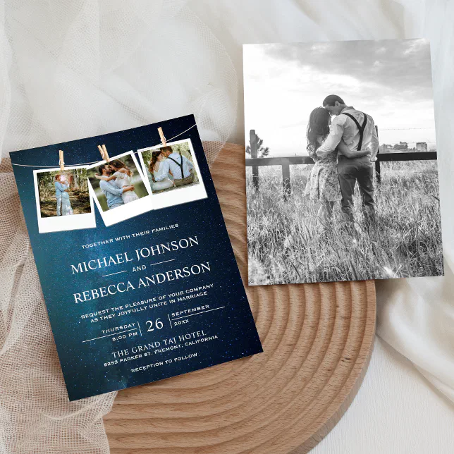 Space Universe Blue Galaxy Photo Collage Wedding Invitation | Zazzle