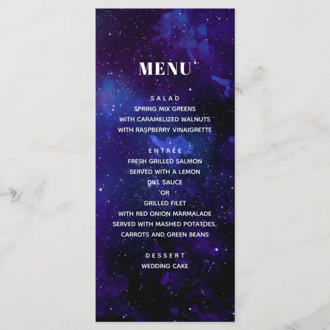 Space wedding. Night stars. Modern navy galaxy Menu | Zazzle