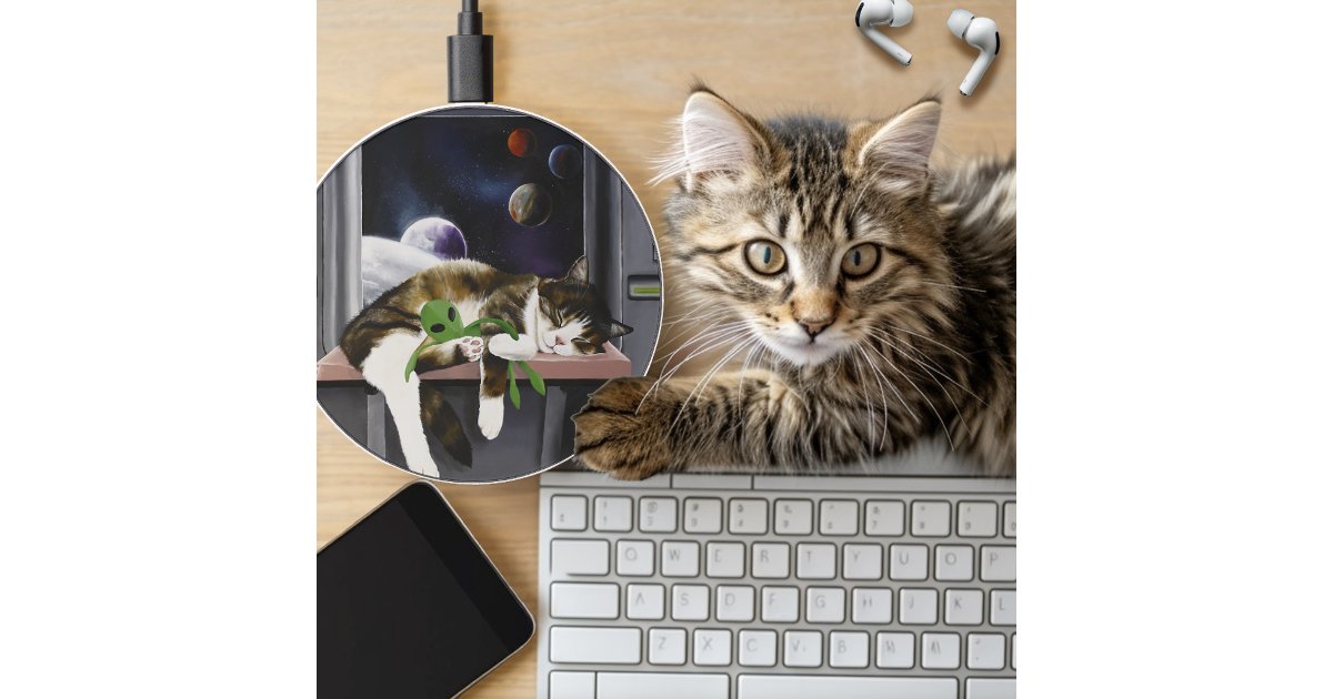 Spaceship Cat Sci-Fi Cute Wireless Charger | Zazzle