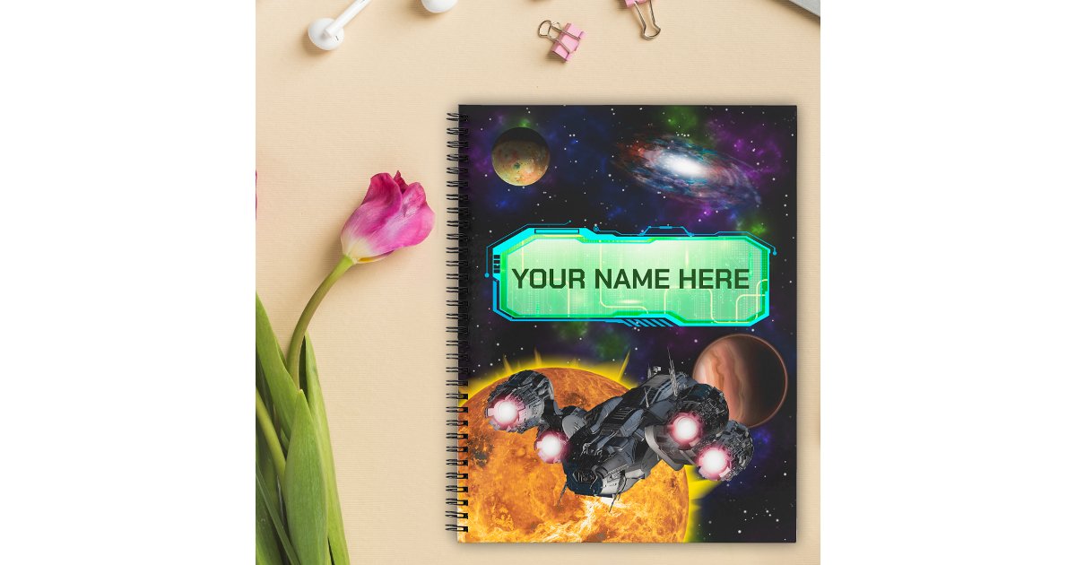 Spaceship, outer space, sun, planets, galaxy notebook | Zazzle