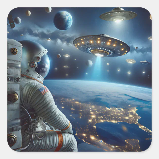 Spaceships and an Astronaut in Outer Space Square Sticker | Zazzle