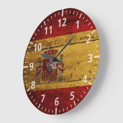 Spain Flag on Old Wood Grain Large Clock | Zazzle
