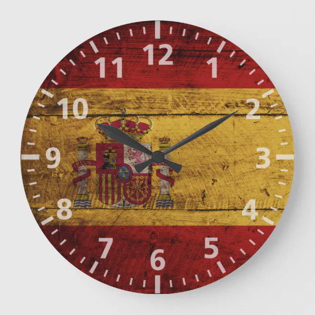 Spain Flag on Old Wood Grain Large Clock | Zazzle