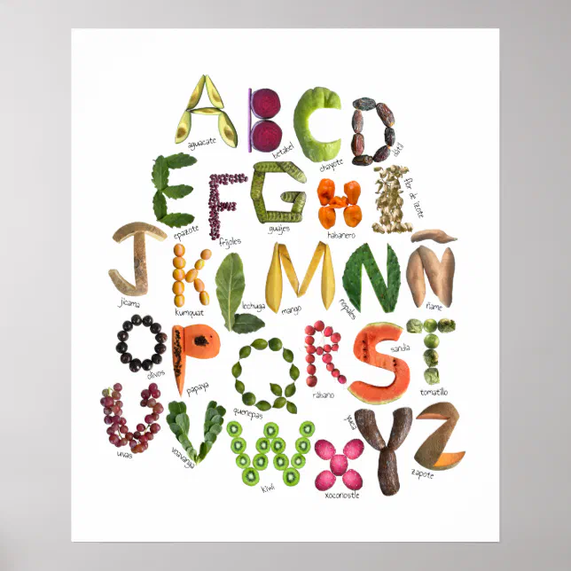 Spanish Alphabet Fruits and Vegetables Mexico Poster | Zazzle