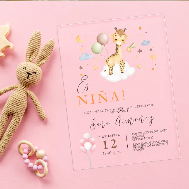 Spanish Baby Girl Shower Giraffe With Balloons Acrylic Invitations | Zazzle