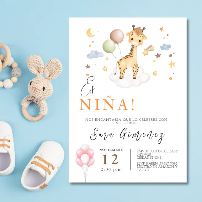Spanish Baby Girl Shower Giraffe With Balloons Invitation | Zazzle