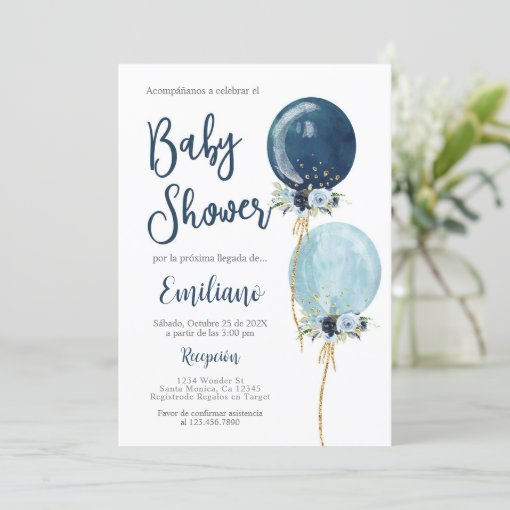 Spanish Baby Shower boy navy blue balloons Invitation | Zazzle