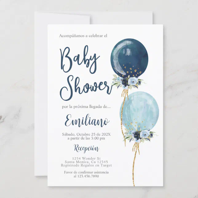 Spanish Baby Shower boy navy blue balloons Invitation | Zazzle