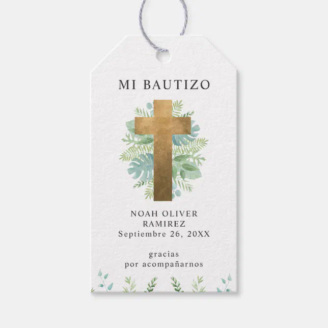Spanish, Baptism Elegant Gold Cross with Greenery Gift Tags | Zazzle
