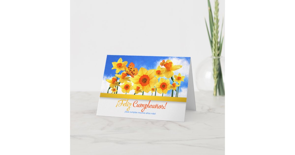 Spanish Birthday Daffodil Garden and Butterflies Card | Zazzle