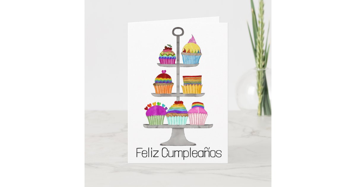 Spanish Birthday Rainbow color cupcakes Card | Zazzle