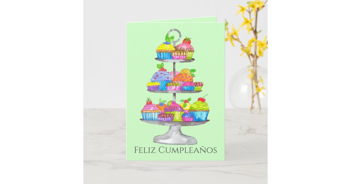 Spanish Birthday Watercolor cupcakes Card | Zazzle