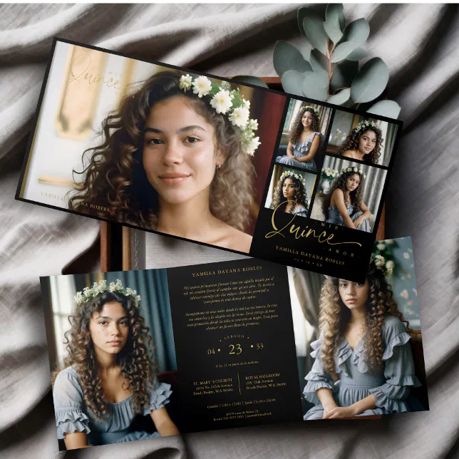 Spanish Black Trendy Quinceañera Collage 7 Photos Tri-Fold Invitation ...