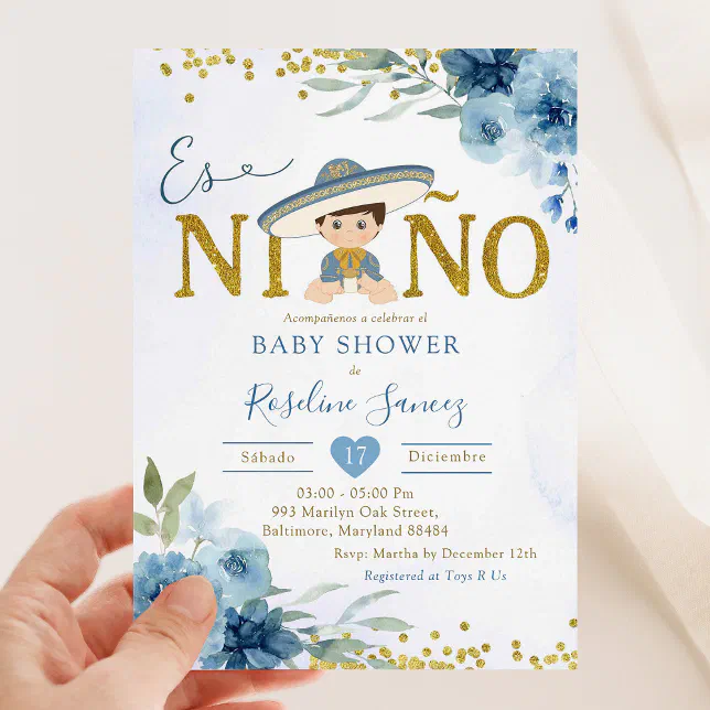 Spanish Blue Charro Boy Es niño Baby Shower Invitation | Zazzle