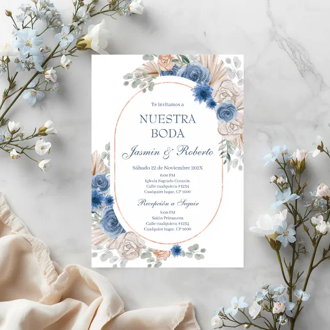 Spanish Blue Floral Wedding Invitation | Zazzle