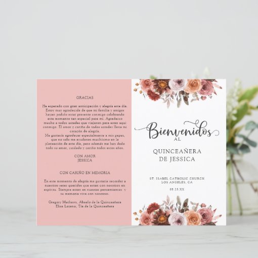 Spanish Blush Burgundy Floral Quinceanera Program | Zazzle