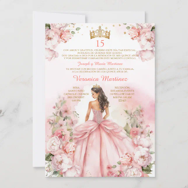 Spanish Blush Pink Princess Gold 15 Años Birthday Invitation | Zazzle