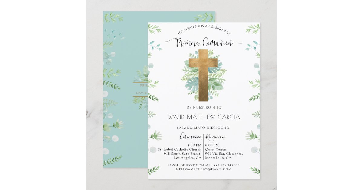 Spanish, Boy or Girl Greenery Blue First Communion Invitation | Zazzle
