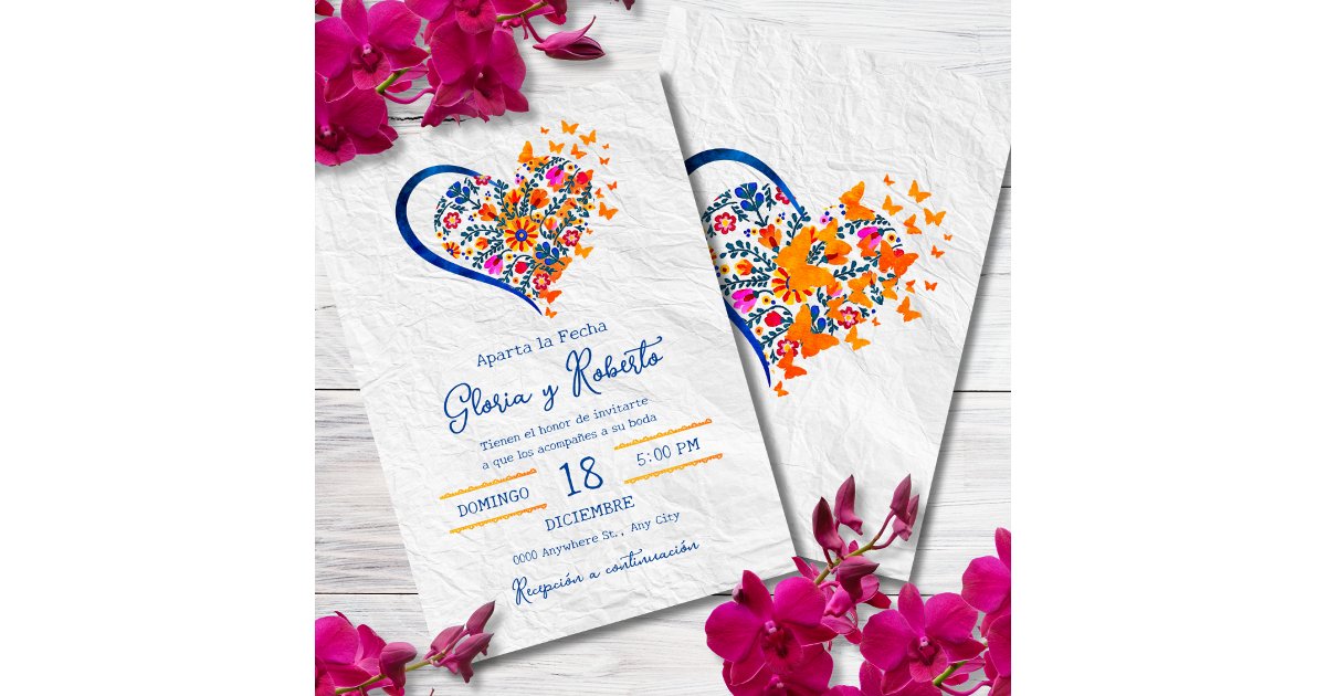 Spanish, Colorful Floral Heart Mexican Wedding Invitation | Zazzle