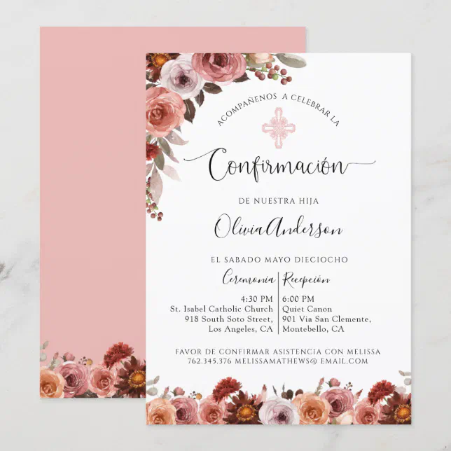Spanish Confirmation Blush Pink Floral Invitation | Zazzle