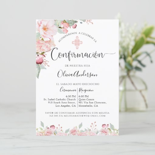 Spanish Confirmation Peach and Mint Floral Invitation | Zazzle