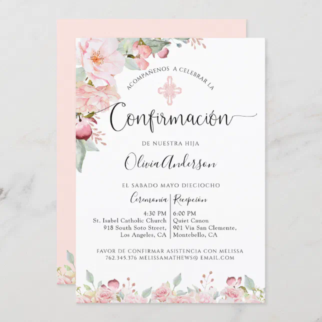 Spanish Confirmation Peach and Mint Floral Invitation | Zazzle