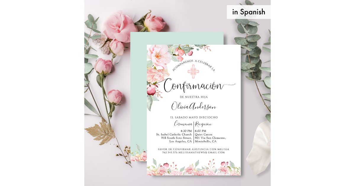 Spanish Confirmation Rose Gold, Mint Floral Invitation | Zazzle