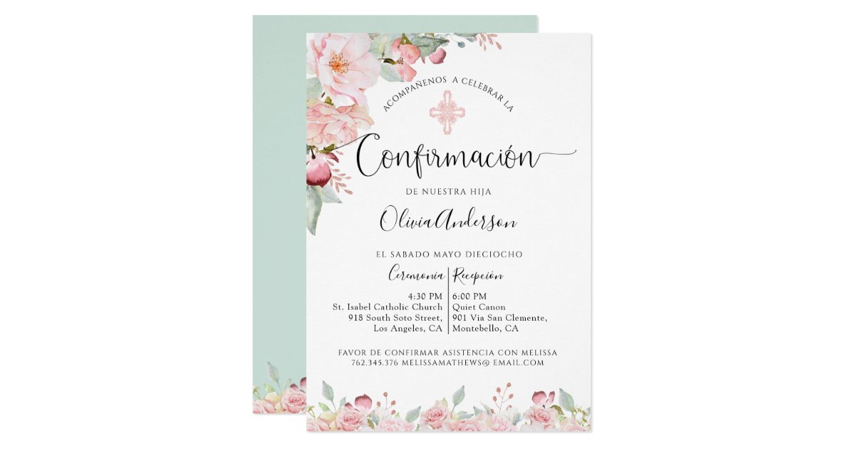 Spanish Confirmation Rose Gold, Mint Floral Invitation | Zazzle.com