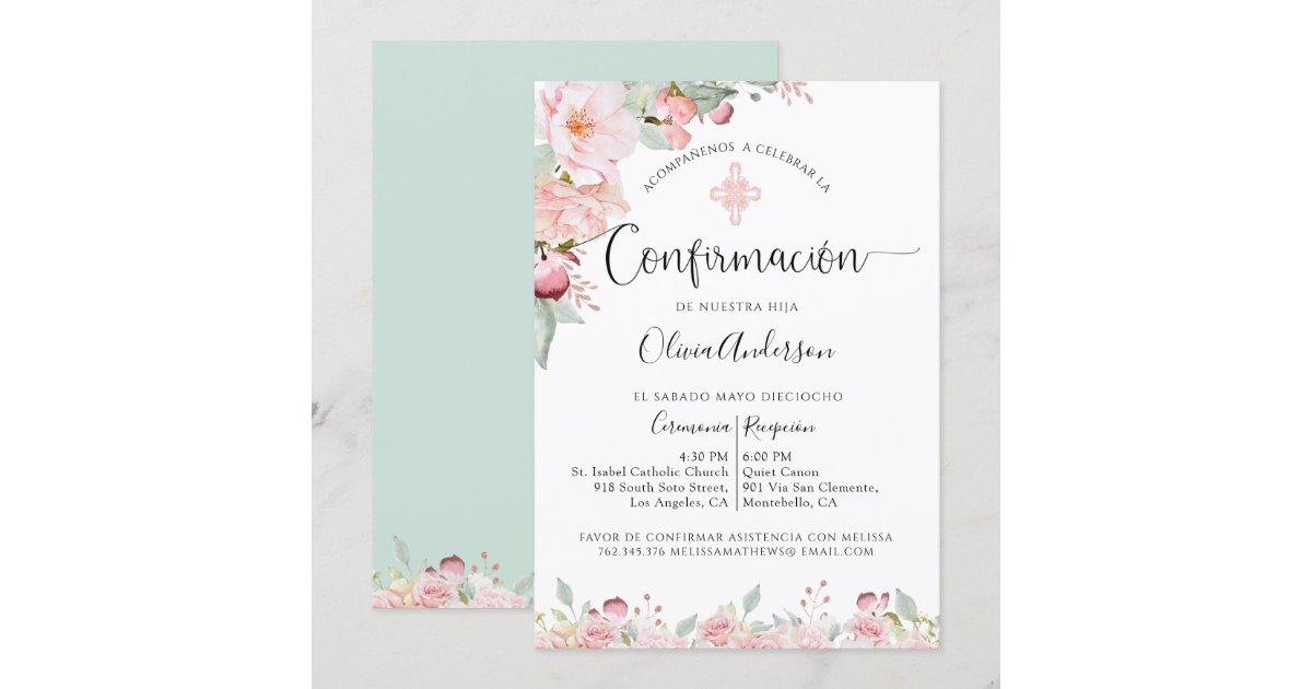 Spanish Confirmation Rose Gold, Mint Floral Invitation | Zazzle