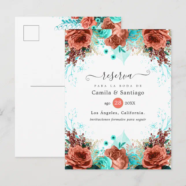 Spanish Coral and Turquoise Floral Wedding Announcement Postcard | Zazzle