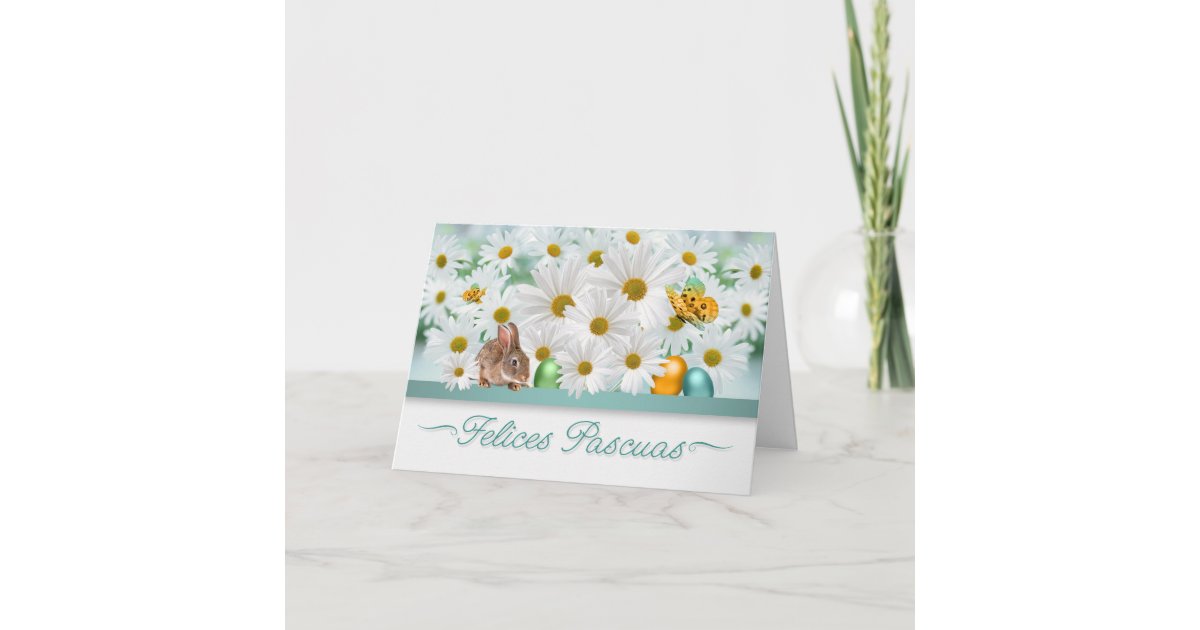Spanish Easter Daisy Garden Bunny and Eggs Card | Zazzle